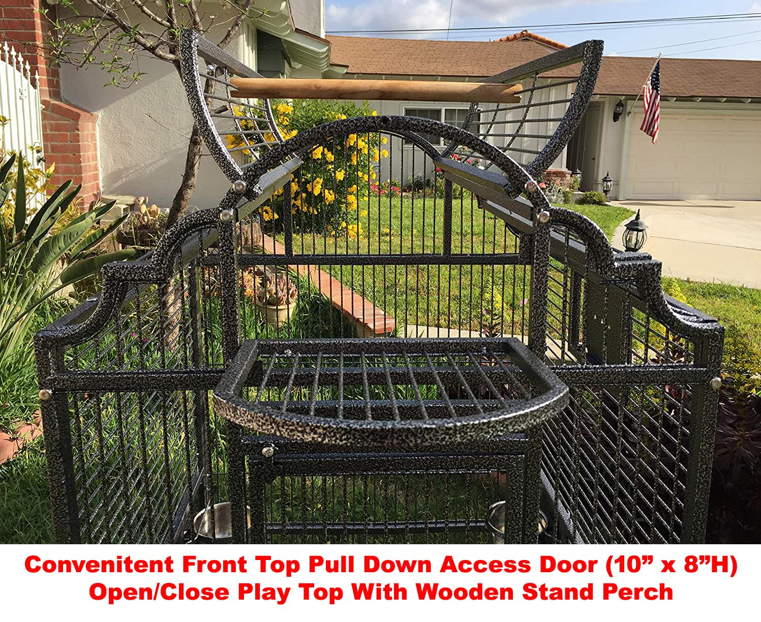 Large Elegance and Durable Wrought Iron Open Play Top Stand Bird Parrot Rolling Cage, Include Metal Seed Guard Solid Metal Feeder Nest Door (30.5 x 29.5 x 63 H, White Vein)