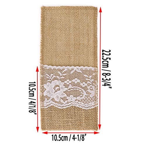 OwnMy Natural Burlap Tableware Utensil Holders Burlap Lace Silverware Holder Linen Knife and Forks Cutlery Pouch Bag for Vintage Rustic Wedding Party (Beige-30 Packs)