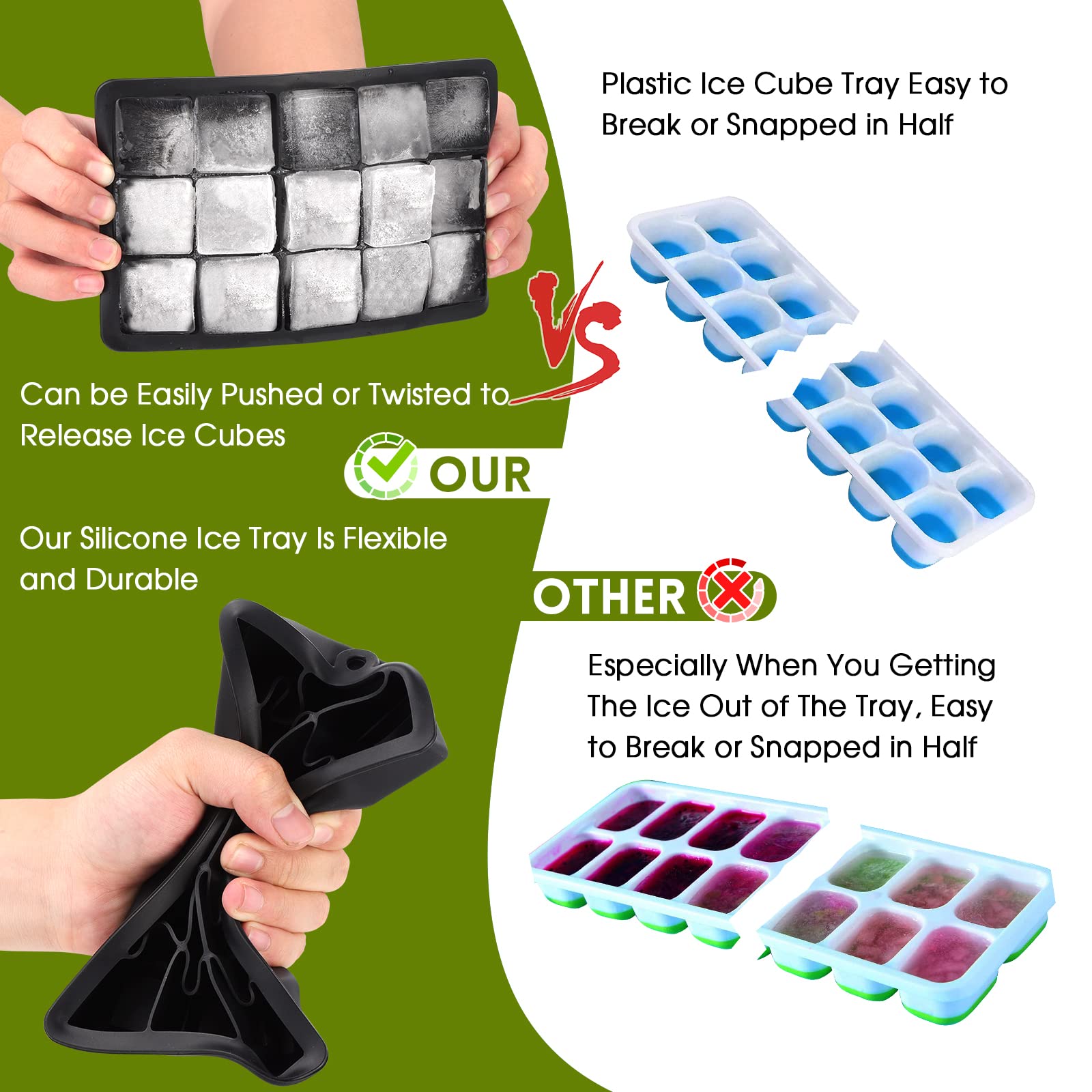 Silicone Ice Cube Trays with Lid,Sinnsally Large 3 Pack Silicone Baby Food Freezer Tray,15 Big Square Block Ice Cube Molds for Freezer Containers,Reusable Ice Maker for Cocktails,Whiskey(Black)