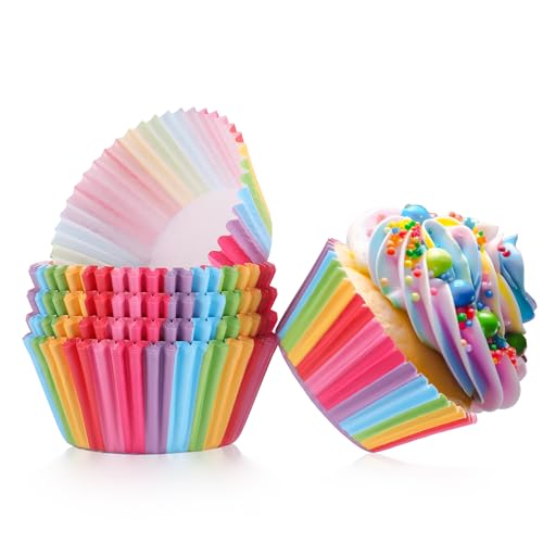 TRUSBER Cupcake Liners, 100 pieces Rainbow Baking Cups Paper Muffin Wrappers Nonstick Muffin Molds Baking Cup Holders for Wedding, Birthday, Baby Shower or Holiday Party