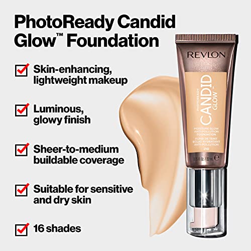 Revlon Liquid Foundation, Photo Ready Candid Glow Face Makeup for Sensitive and Dry Skin, Longwear Sheer-Medium Coverage with Natural Glow Finish, 240 Natural Beige, 0.75 Oz