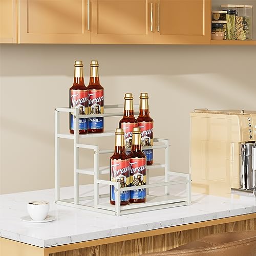 ZGO 3 Tier Coffee Syrup Rack for Coffee Bar, Water Bottle Organizer for Cabinet, Simple Syrup Bottles Coffee Station Organizer for Countertop, Coffee Bar Accessories and Organizer(White)