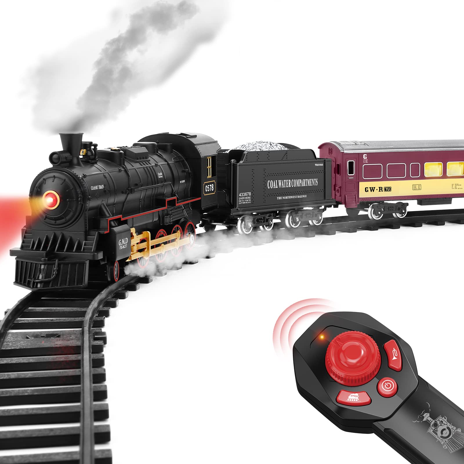 Train Set with remote control,Electric Railway Train Kit for Kids,Model Steam Locomotive Engine Train Track Around Christmas Tree,Forward & Backward,Gift Train Toy for Boys Girls 3 4 5 7 9 11