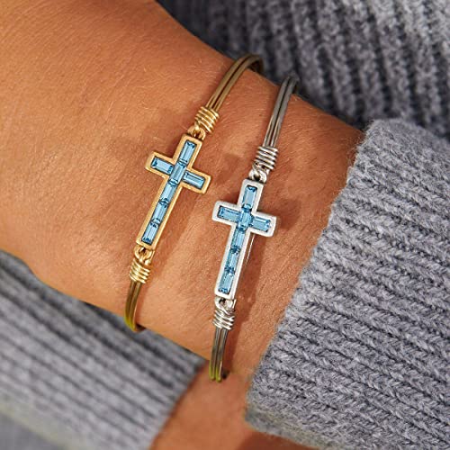Luca + Danni Baguette Cross Bangle Bracelet in Aquamarine For Women - Silver Tone Regular Size Made in USA