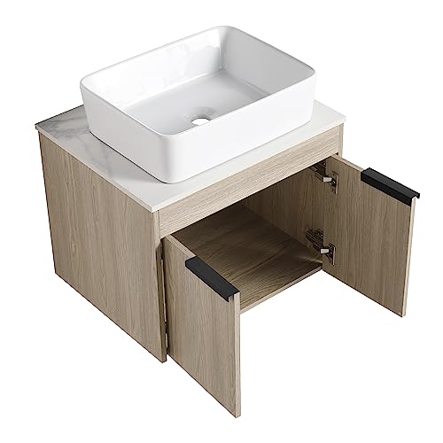 Lifeand 24" Modern Design Float Bathroom Ceramic Basin Set, Wall Mounted Vanity with Soft Close Door,2 Pieces Parcel,White Oak