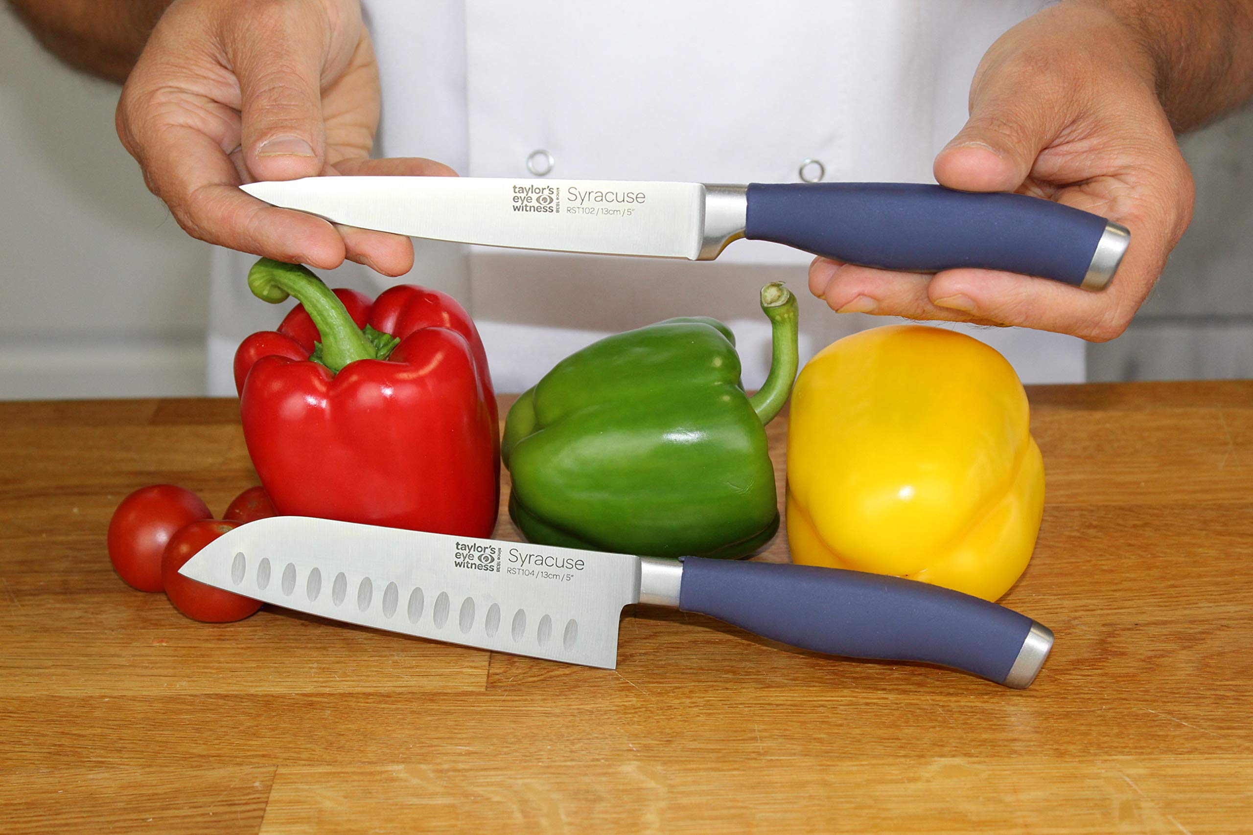 Taylors Eye Witness Syracuse Asian Kitchen Knife Set - Chefs Santoku 13cm/5β & Cooks All Purpose 13cm/5β Cutting Edge, Multi Use. Ultra Fine, Razor Sharp Blade. Soft Textured Grip Denim Blue Handle.