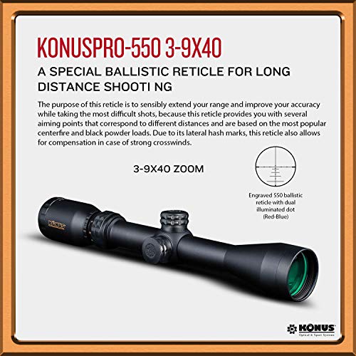 KONUS β KonusPro 7276 - 550 IR 3X-9X40 Riflescope w/ Engraved 550 Ballistic Reticle and Illuminated Center Dot