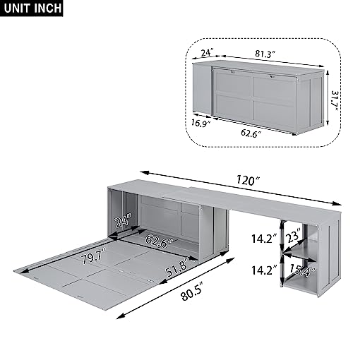Lifeand Queen Size Murphy Bed with Rotable Desk, Gray