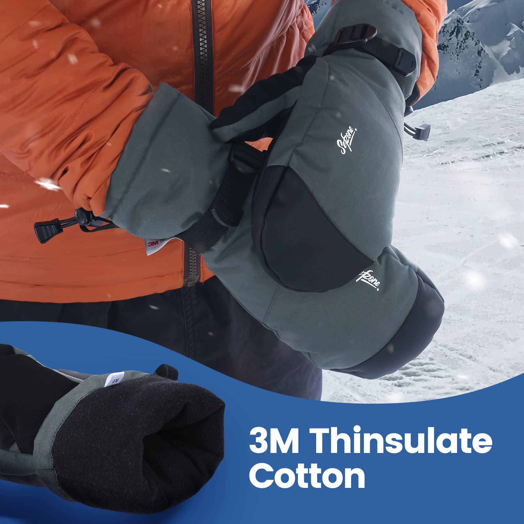 SEFZONE Ski Mittens Waterproof, 3M Thinsulate Insulation Winter Mittens for Men/Women, Touchscreen, Anti-Lost, Snow Mittens for Snowboarding, Snowmobiling, Snow Shoveling