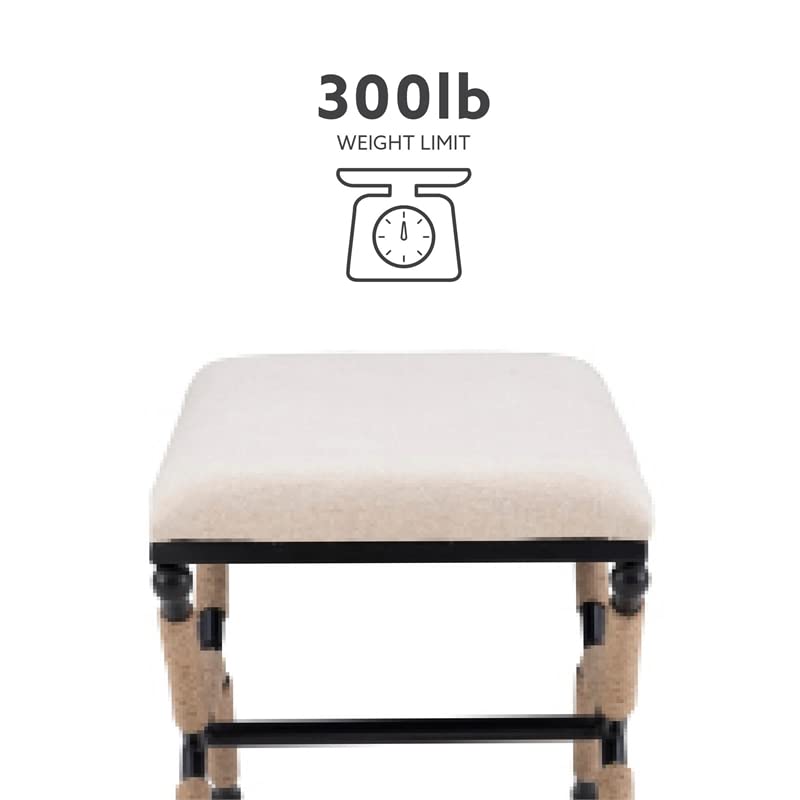 Linon Anna Campaign Accent Bench Black Metal Legs with Rope Detail in Cream
