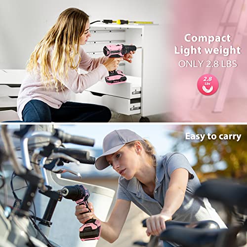 SHALL Pink Cordless Drill Driver 20V Electric Power Drill Screwdriver Set with 2.0AH Battery & Fast charger for Women, 3/8'' Keyless Chuck, Variable Speed, 18+1 Position & 34pcs Drill/Driver Bits