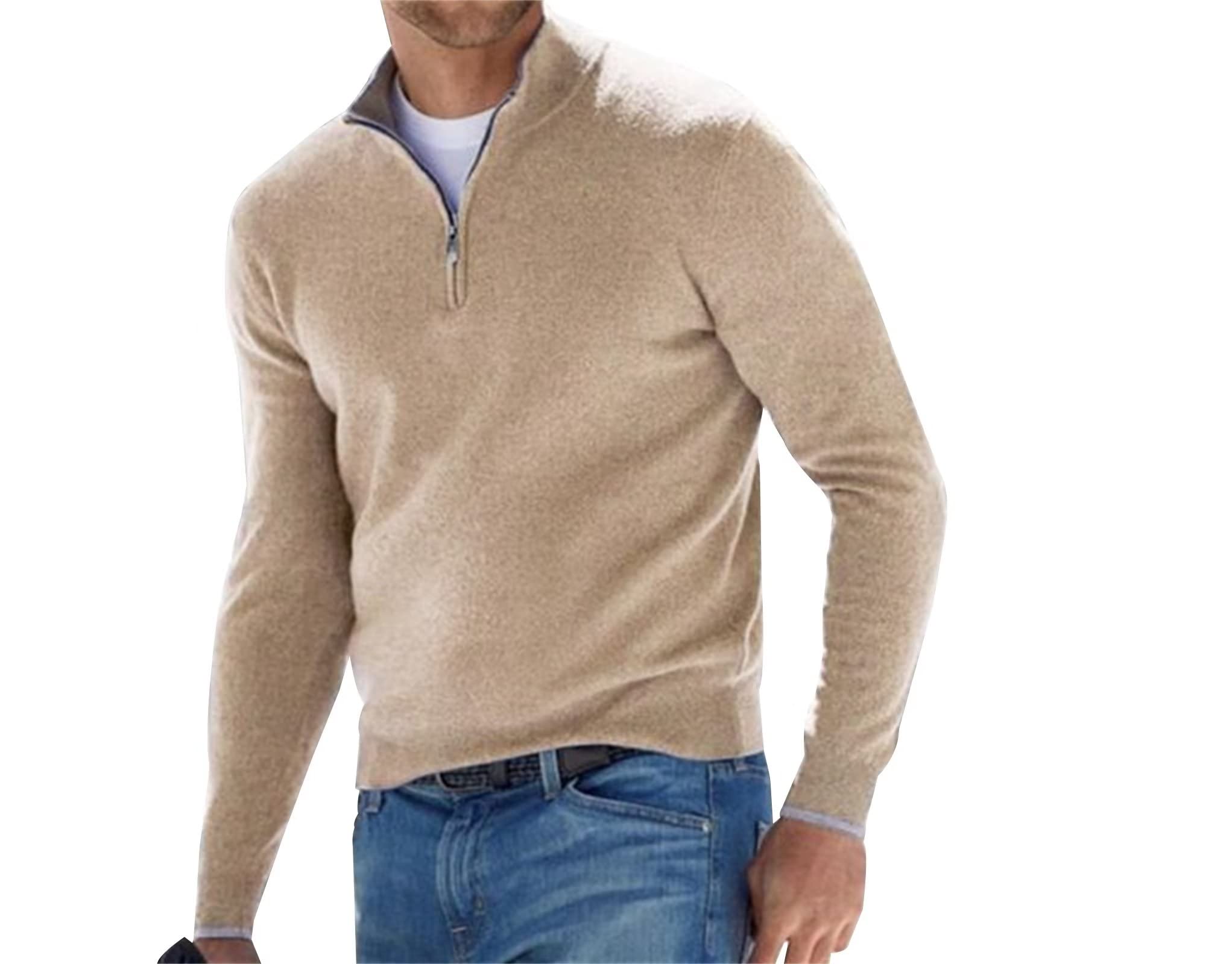 SEGANUP Casual Mens Fleece Long Sleeve Slim Fit Sweater Quarter Zip Turtleneck Pullover Polo Shirts Thermal Sweatshirt Beige