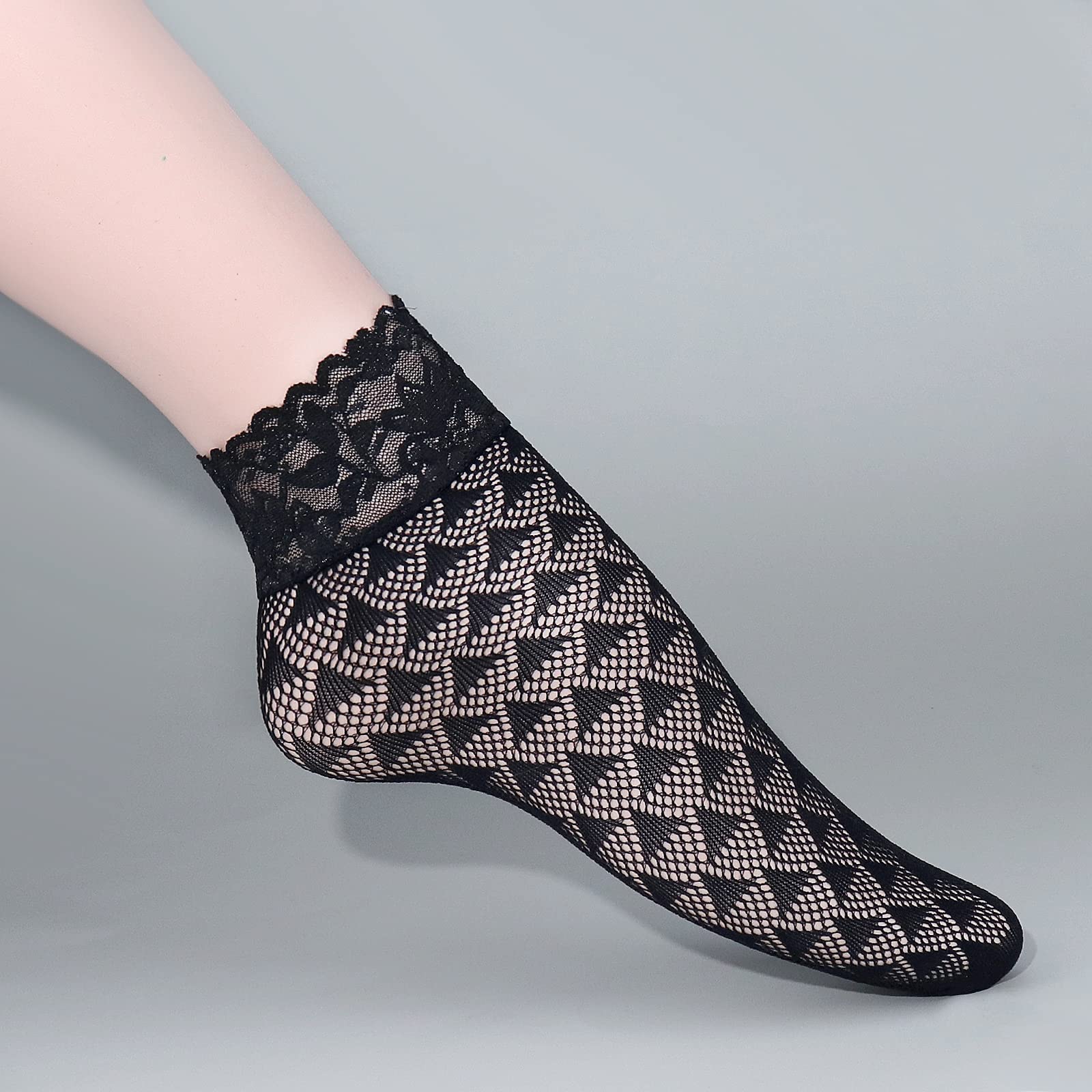 Lamdgbway 6 Pairs Women Lace Ankle Socks Fishnet Short Stockings Black 5