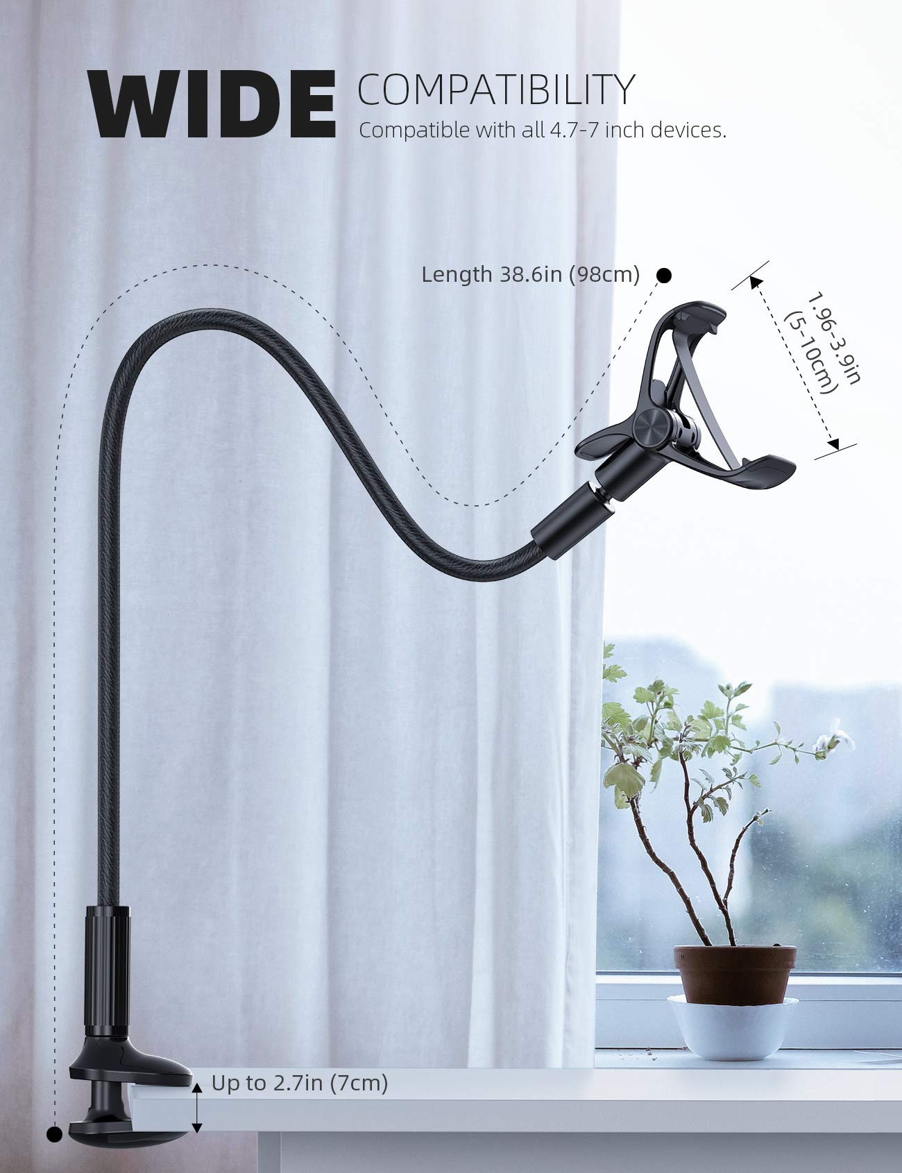 Lamicall Phone Holder Bed Gooseneck Mount, Cell Phone Clamp Clip for Desk, Flexible Long Arm Headboard Bedside Lazy Bracket, Overhead Table Stand, Compatible with All Phones - Gray