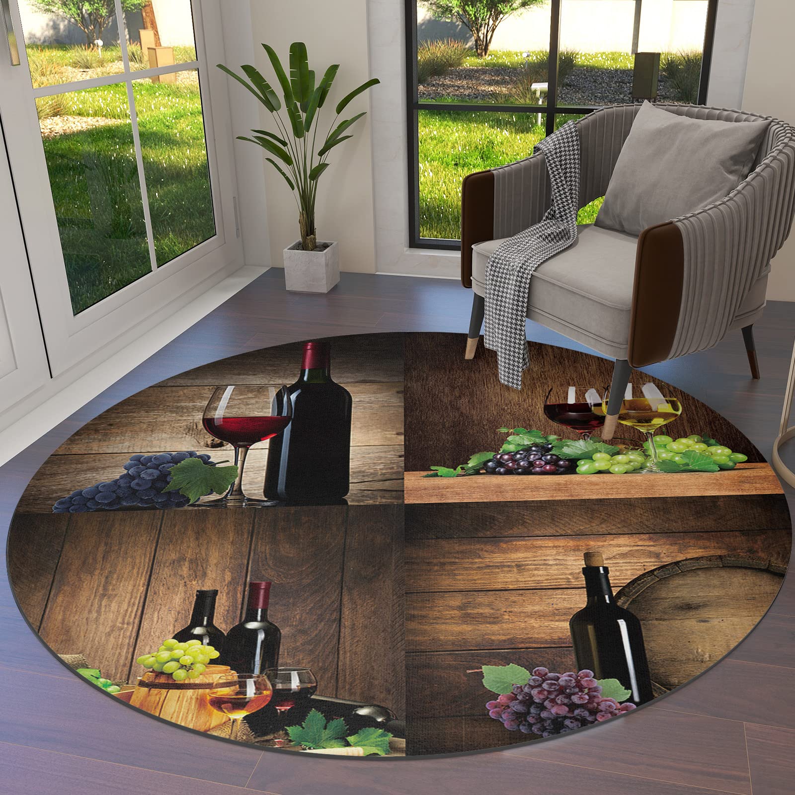 Round Area Rugs Collection 5', Vintage Brown Wooden Board Non Slip Indoor Circular Throw Runner Rug Floor Mat Carpet for Living Room Dining Table Bedroom Nursery Decor Grape Wine
