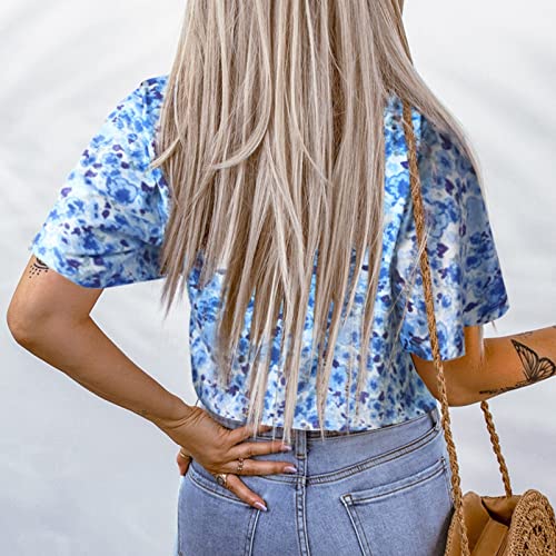 Summer Top Women Drawstring Print Short Sleeve Loose Casual Pullover Shirt Blue