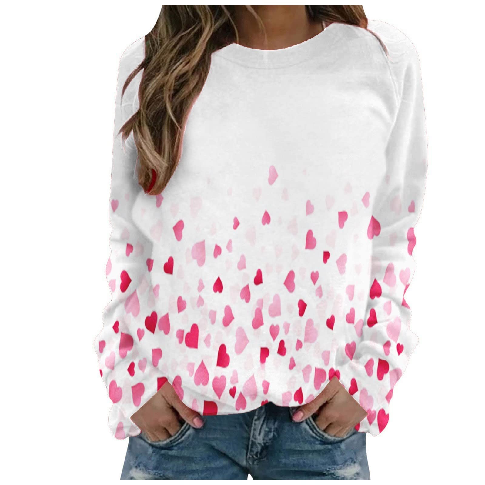 Swrowesi Valentine's Day Sweatshirts for Women Love Heart Print Fall Pullover Tops Crew Neck Long Sleeve Casual Blouse
