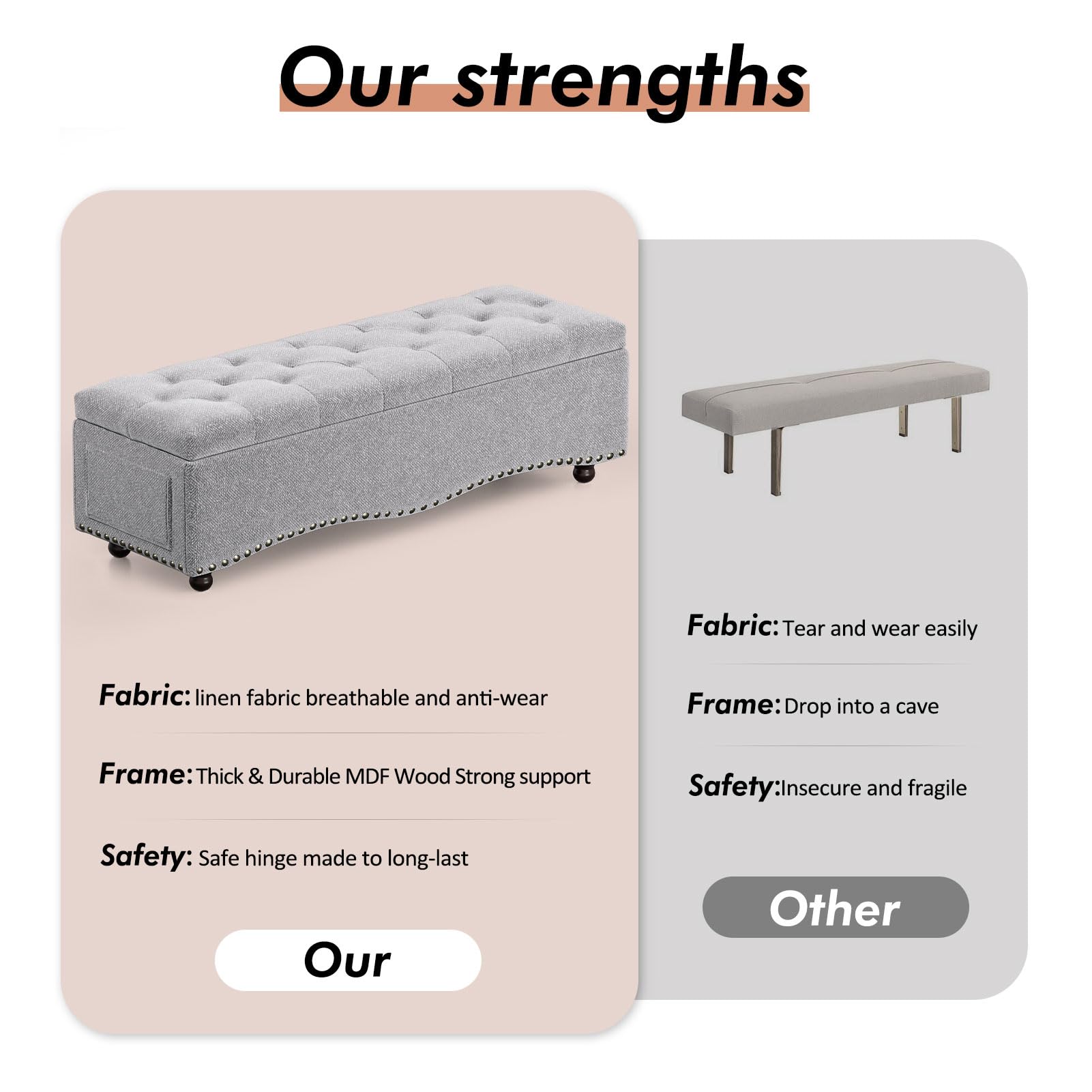 ZZW Storage Ottoman Bench 48.5“ Upholstered Storage Bench with Larger Storage Space End of Bed Bench with Safety Hinge & Wood Legs Tufted Fabric Ottoman for Bedroom & Living Room & Entryway