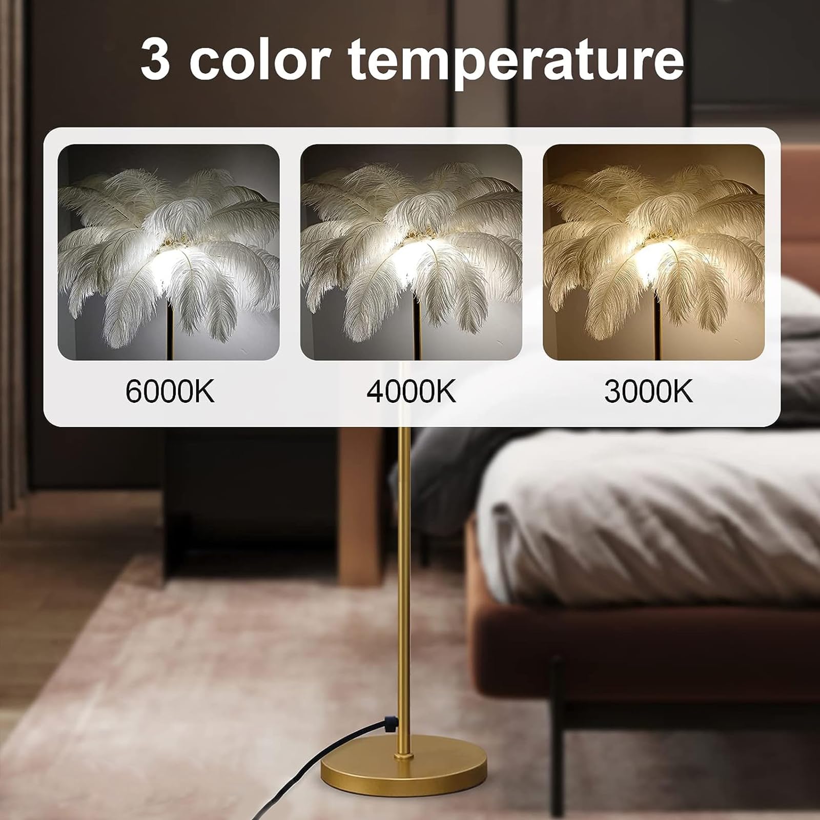 Natural Ostrich Feather Floor Lamp, Simple Modern Bedroom and Living Room Standing Lamp, Decor Corner Floor Lamp with Feather lampshade Dimmable Floor Standing Lamp for Bedroom Study Office (White)
