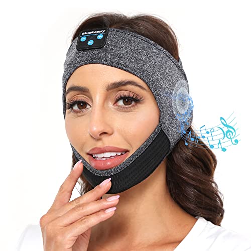 Sleepbeauty Double Chin Reducing Headband with Headphones - Reusable V-Line Face Lifting Strap and Slimming Belt for Improved Facial Contour