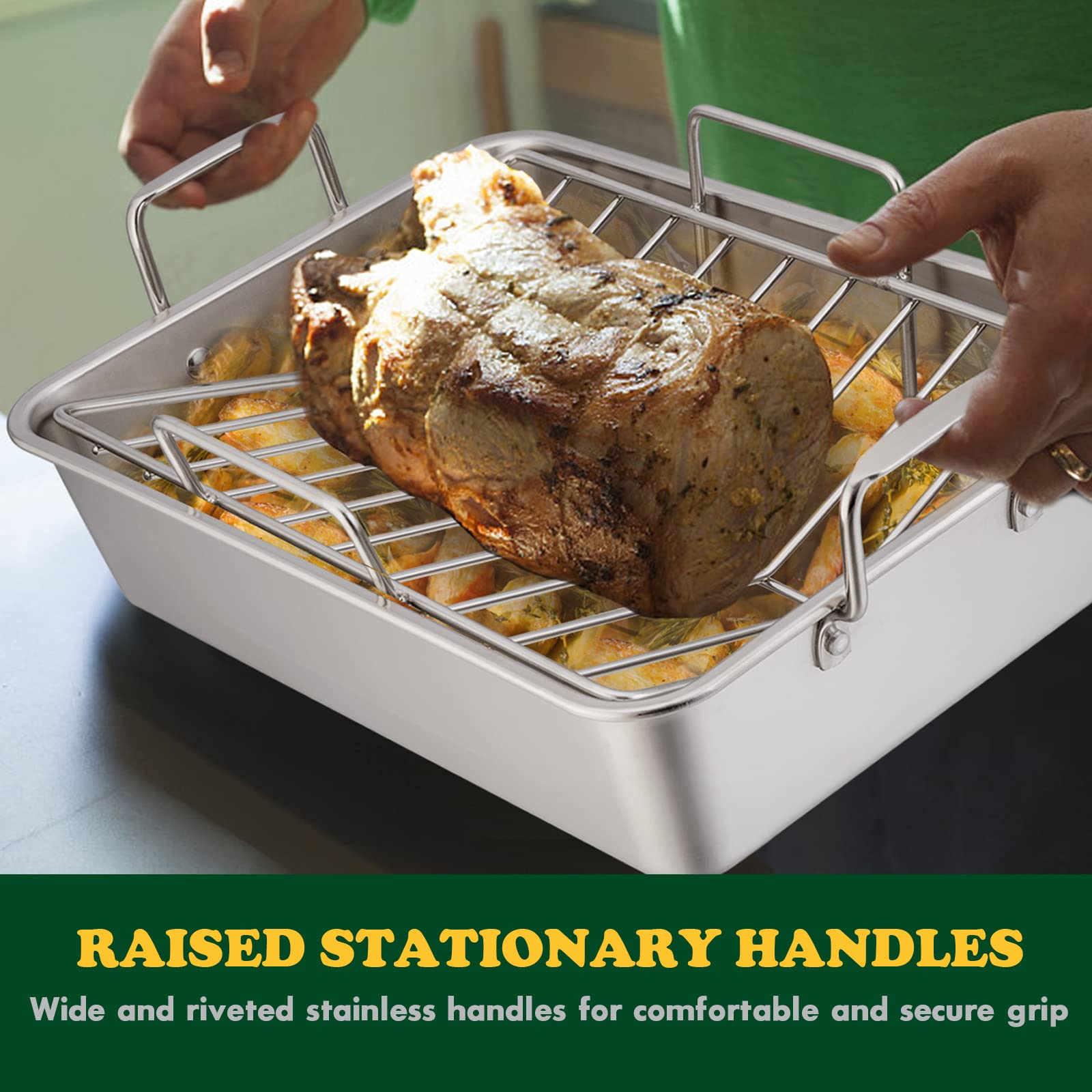 Roasting Pan, E-far 16 x 11.5 Inch Stainless steel Turkey Roaster with Rack - Deep Broiling Pan & V-shaped Rack & Flat Rack, Non-toxic & Heavy Duty, Easy Clean & Dishwasher Safe - Large