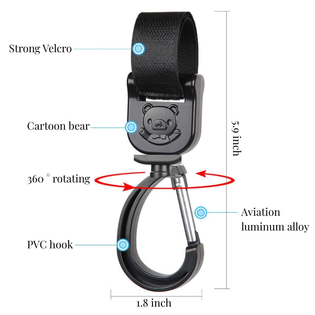 Ymeibe 3Pcs 360 Degree Rotation Baby Stroller Hooks, Multifunctional Baby Stroller Buckle, Rotating Hooks for Infants Babys Carriage Mommy Bag Diaper Bag Purse (Black)