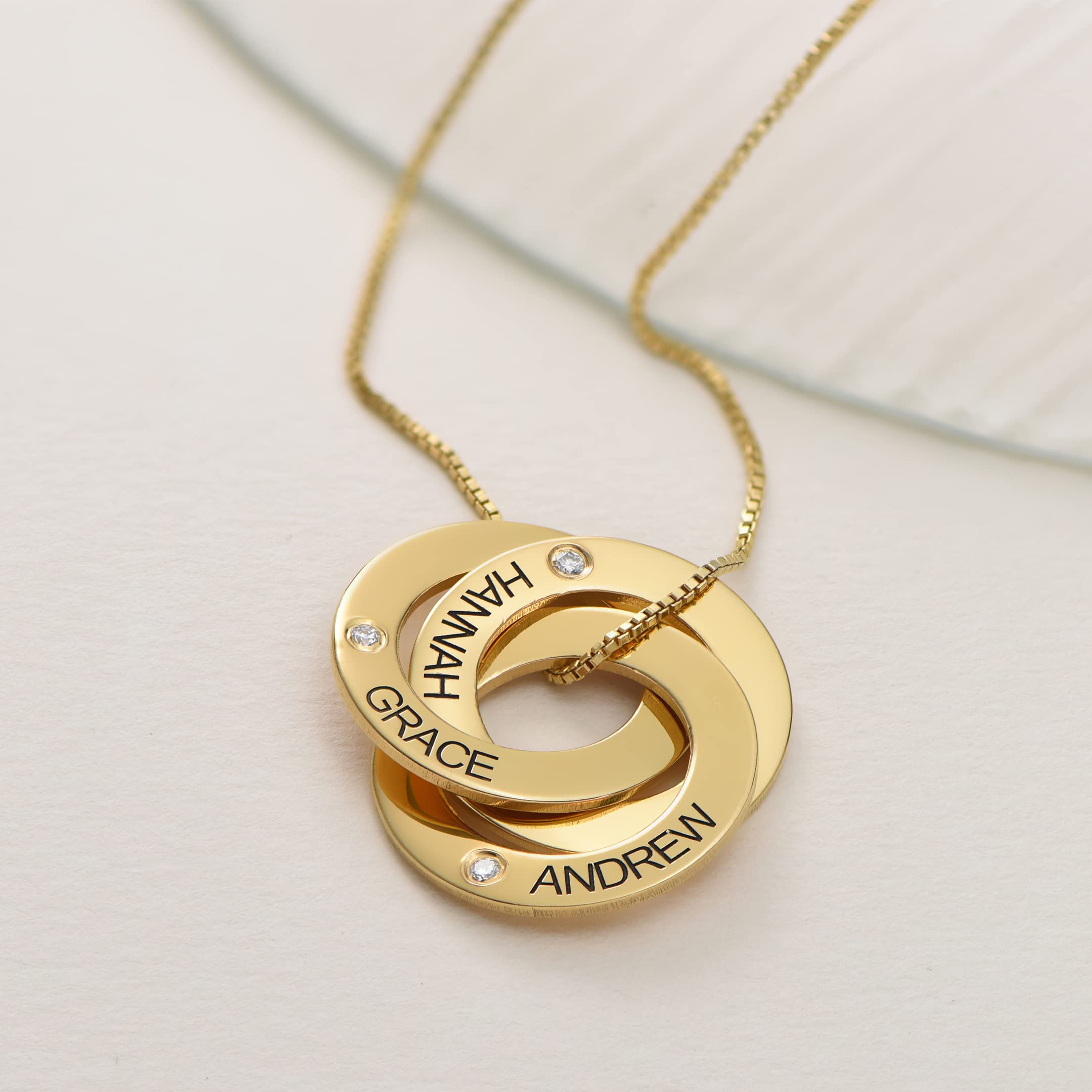 MYKA - Russian Ring Engraved Name Necklace with Diamonds Personalized 3 Circles Discs Inscription Customization Mother's Day Jewelry Gift… (18k Gold Plating)