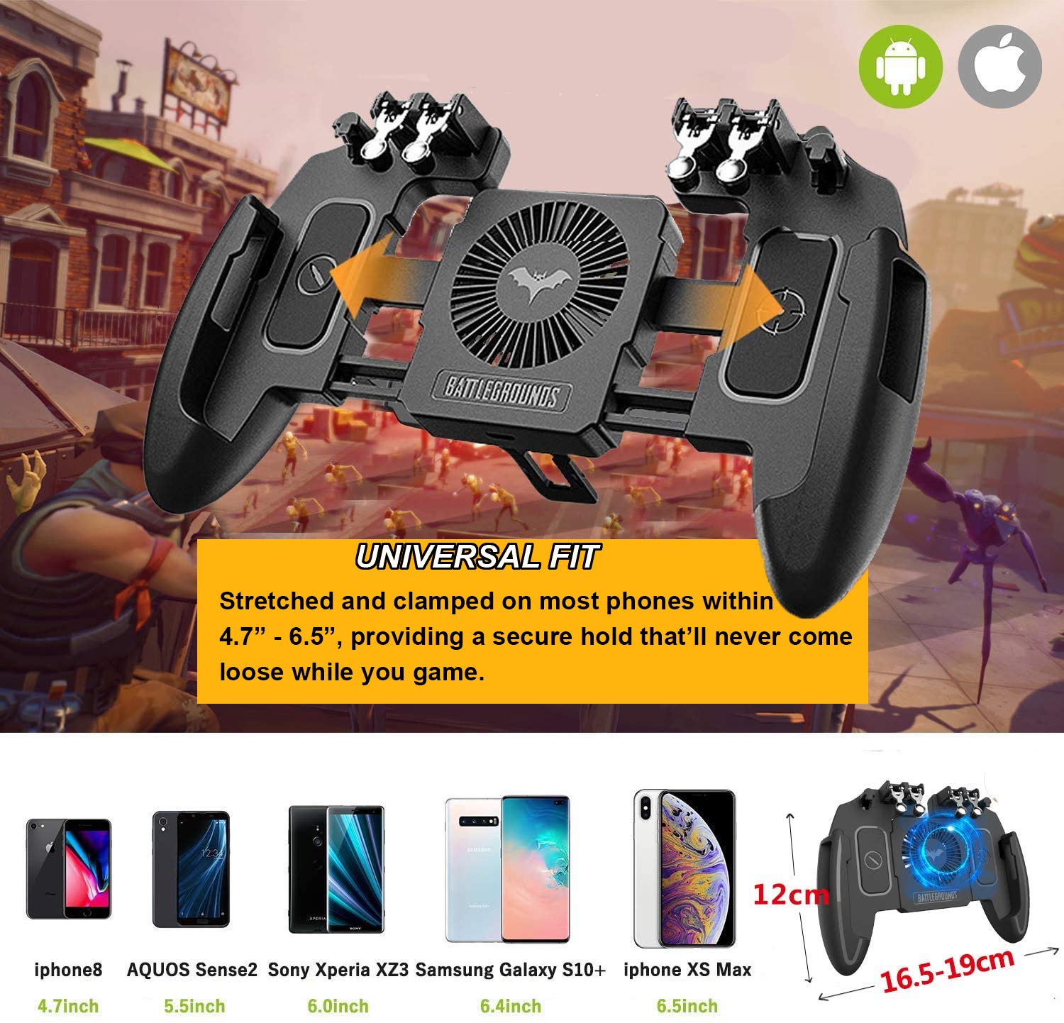 Mobile Game Controller with Cooling Fan/Phone Holder/Finger Sleeves for PUBG/Fortnite/Call of Duty, Tomoda L1R1 Mobile Triggers for 4.7”-6.5” iOS Android Phones