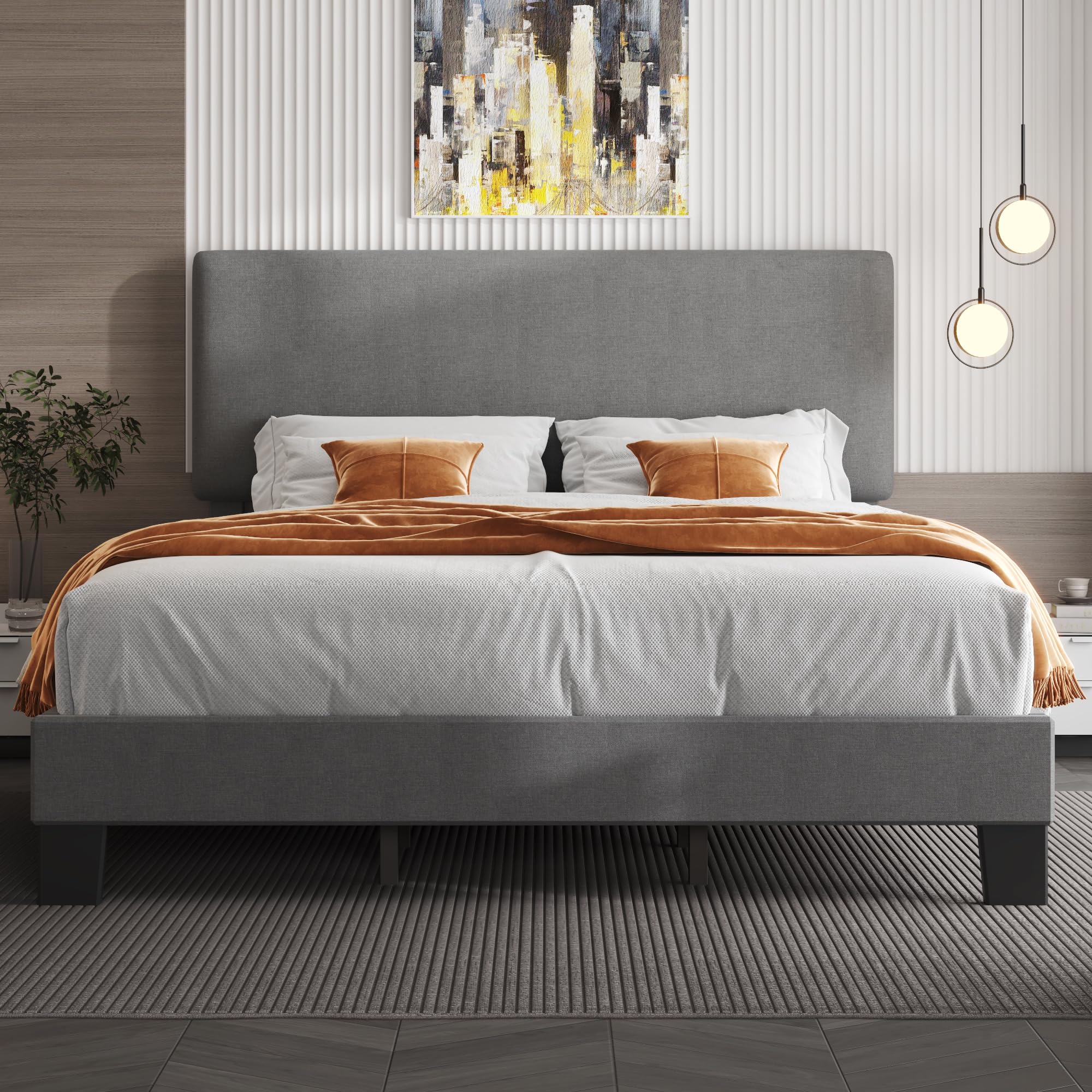 Lifezone Full Bed Frame with Headboard, Linen Upholstered Platform Bed Frame with Adjustable Headboard,No Box Spring Needed,Heavy Duty Feet,Mattress Foundation,Easy Assembly,Light Grey