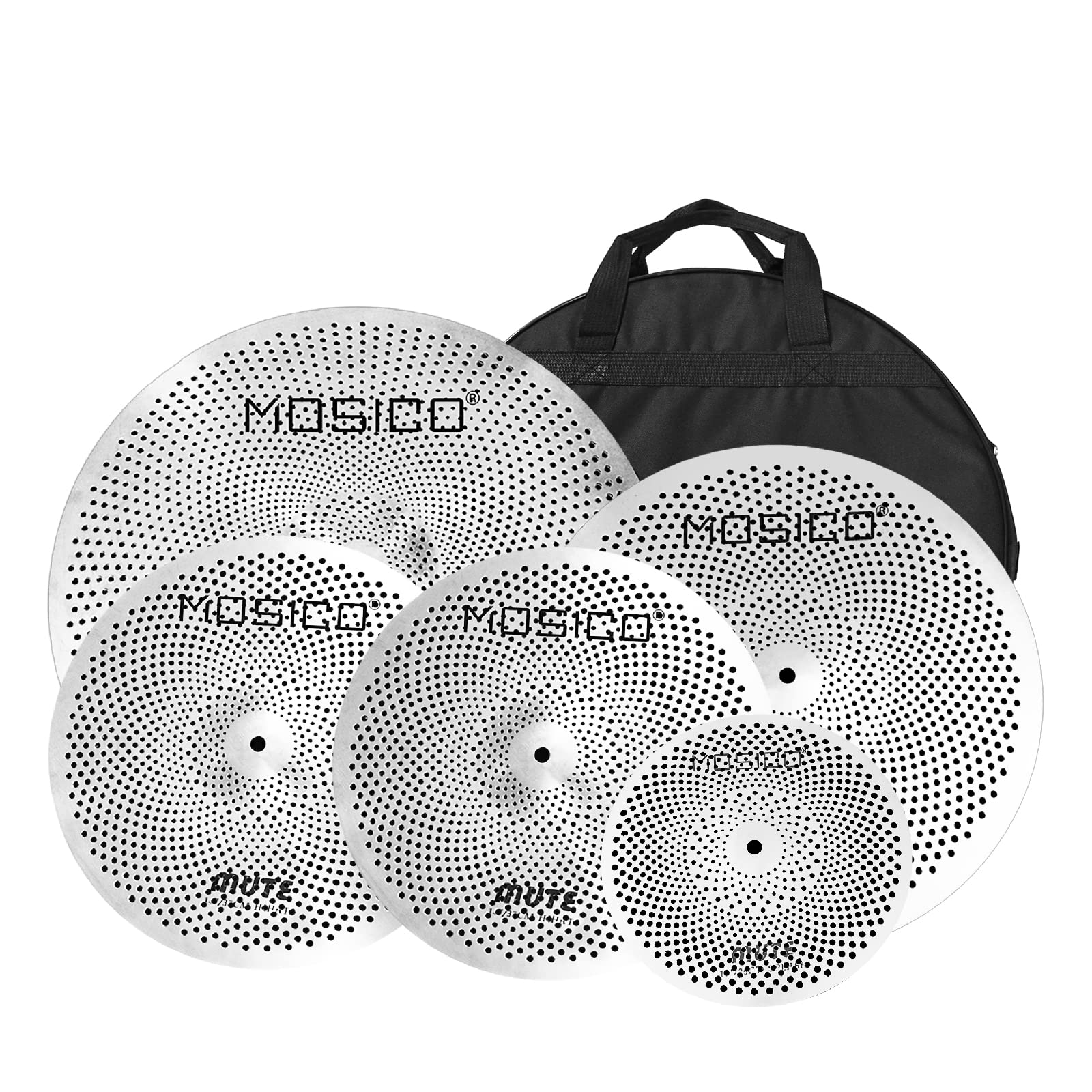 Mosico Low Volume Cymbal Pack 10”Splash 14”Hi-hats 16”Crash 20"Ride Quiet Cymbal Plus a Free Cymbal Bag 5 PCS Drum Practice Cymbal Set for Beginner