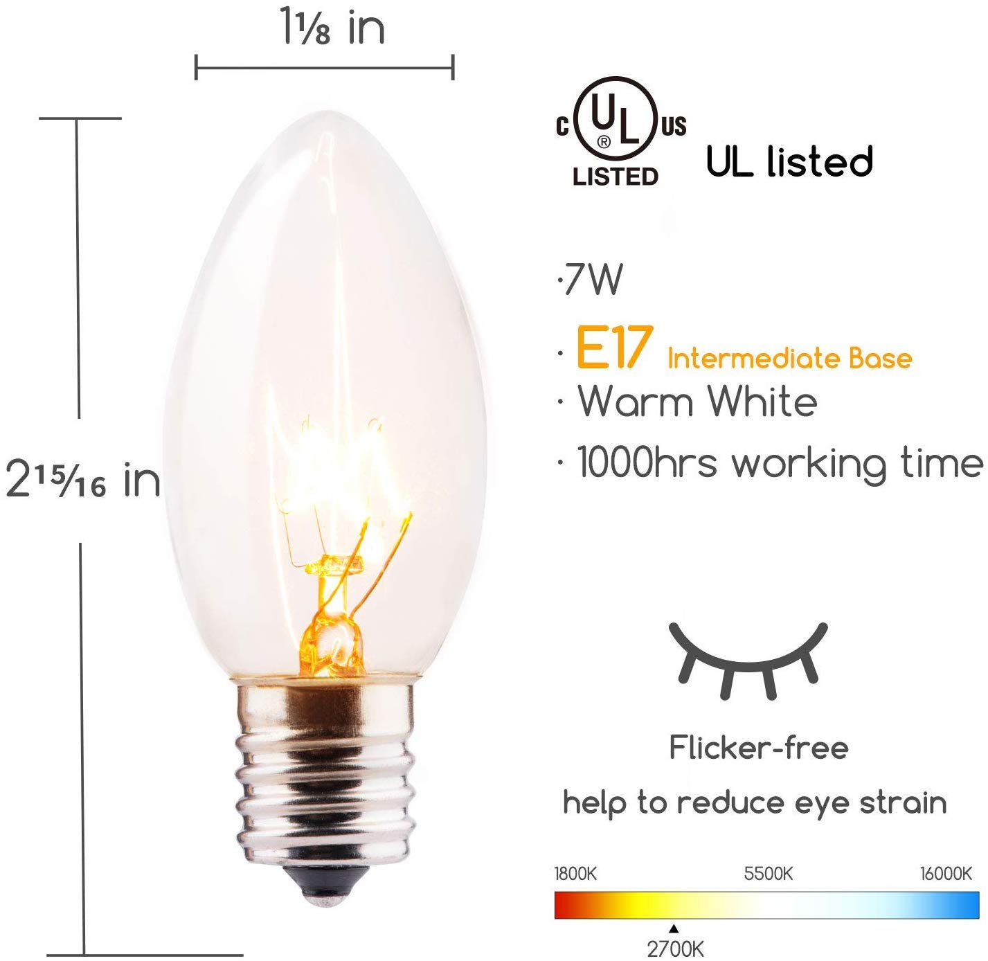 Minetom 25 Pack C9 Clear Replacement Bulbs for Christmas Lights, E17 C9 Intermediate Base Incandescent C9 Christmas Light Bulbs, 7-Wat (25 Pack, Clear)