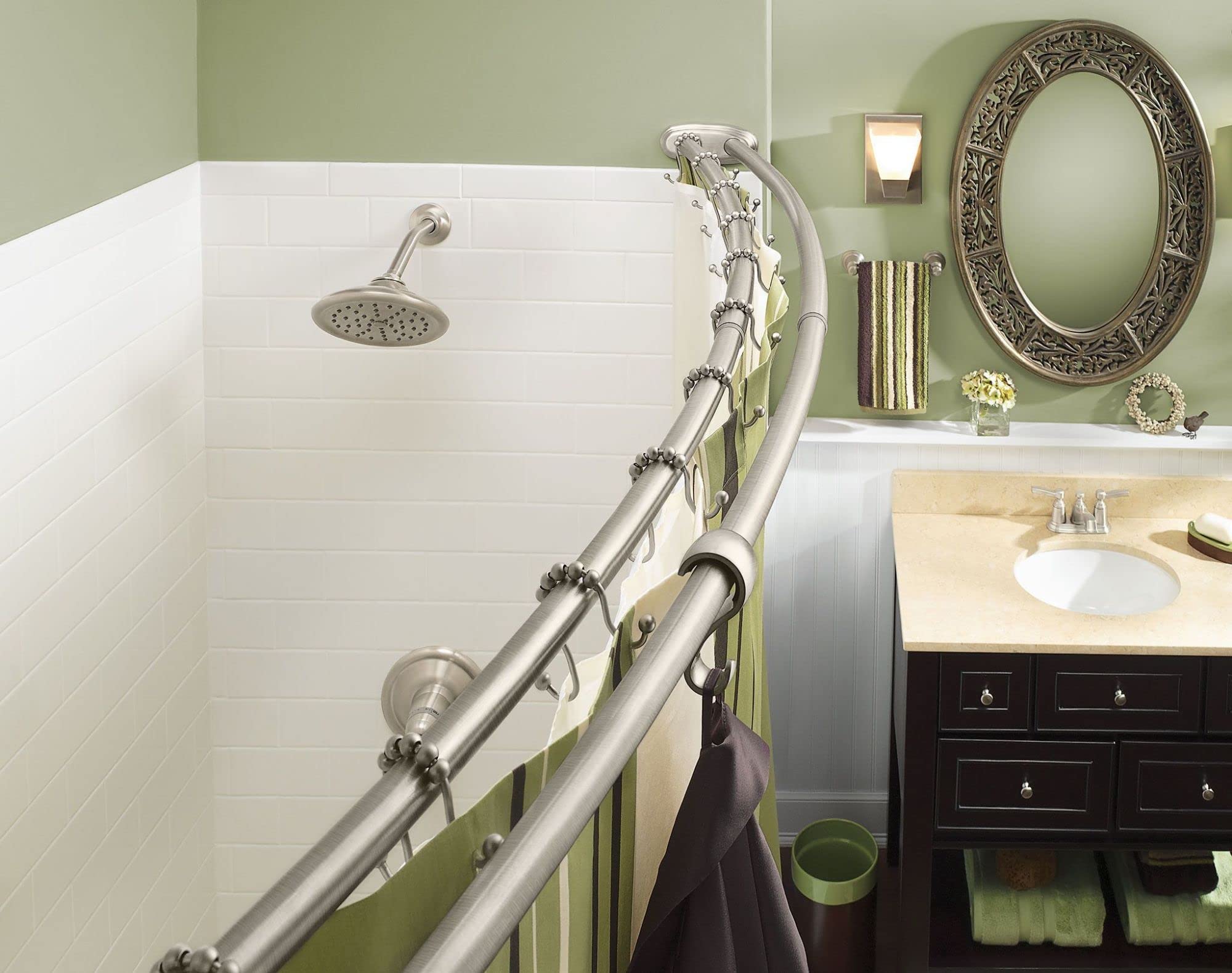 Moen Brushed Nickel Adjustable 57 to 60-inch Stainless Steel Double Curved Shower Curtain Rod, Wall Mounted with Fixed Brackets, DN2141BN