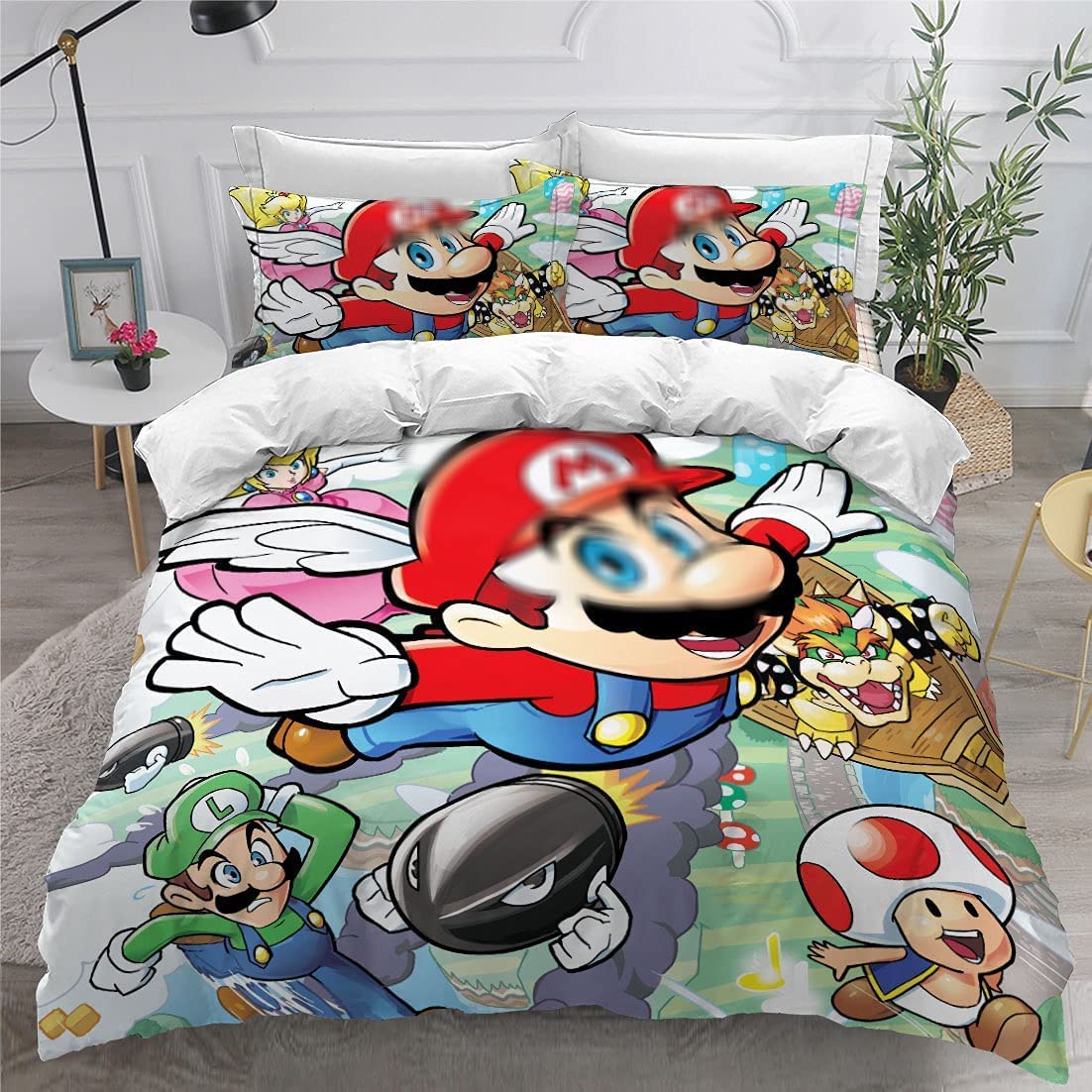 LARIAU Cartoon Duvet Cover,Game Characters Super Bros 3D Print Bedding Queen 3 Piece Sets for Kids Boys, Lightweight Soft Microfiber Quilt Set with Matching Pillowcase Ma1