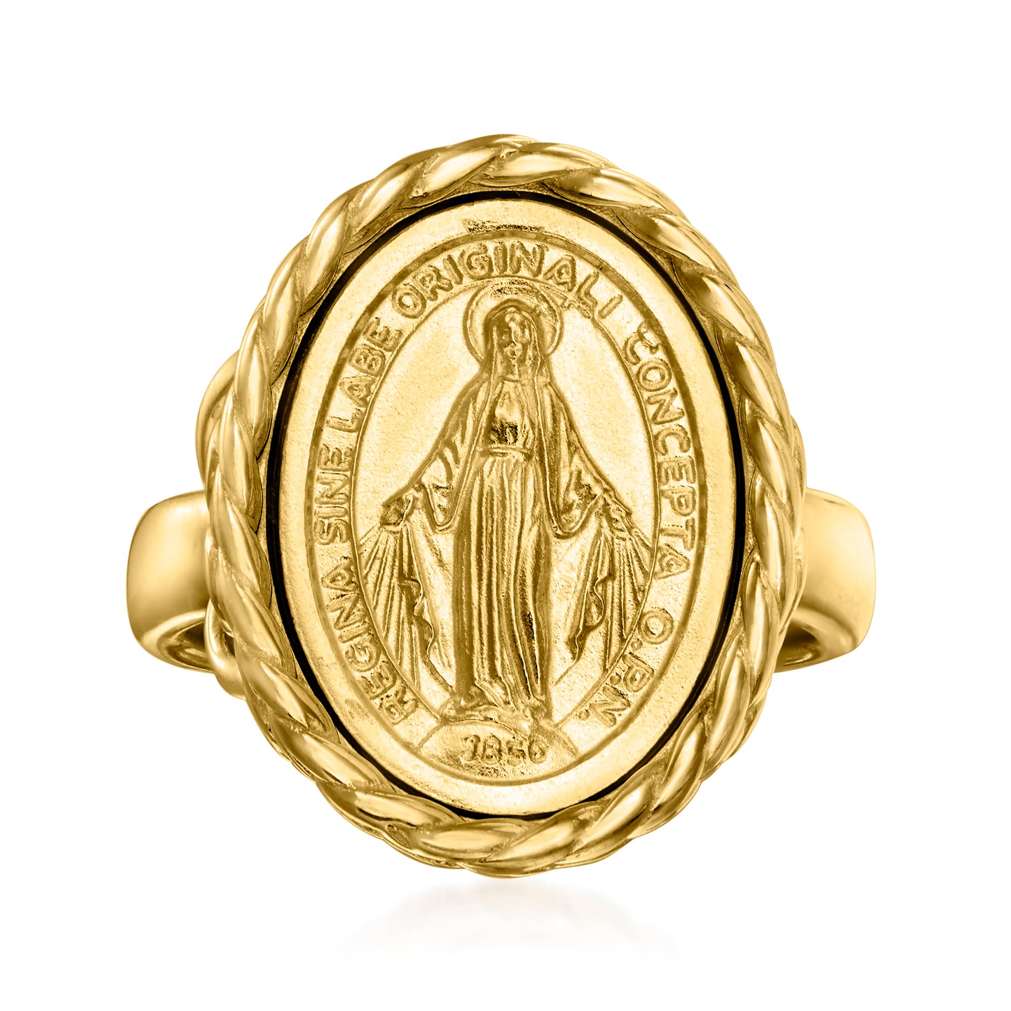 Ross-Simons Italian 18kt Gold Over Sterling Miraculous Medal Frame Ring. Size 8