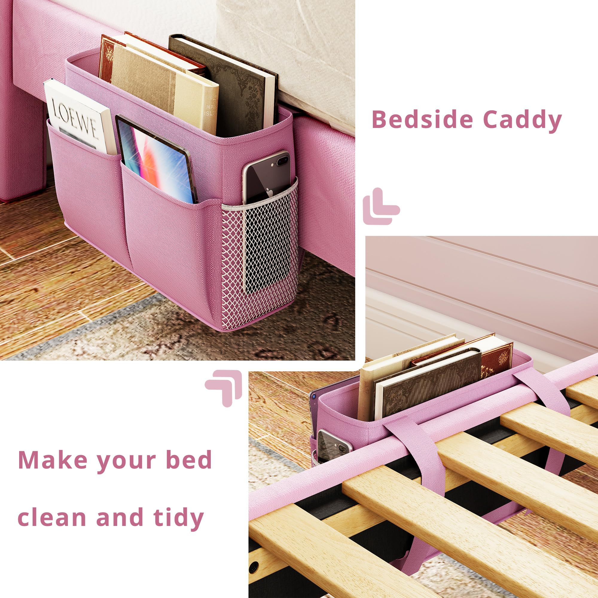 LIKIMIO Queen Size LED Bed Frame, Camas Queen with 58" Tall Tufted Headboard, Sturdy and Noiseless, No Box Spring Required, Pink