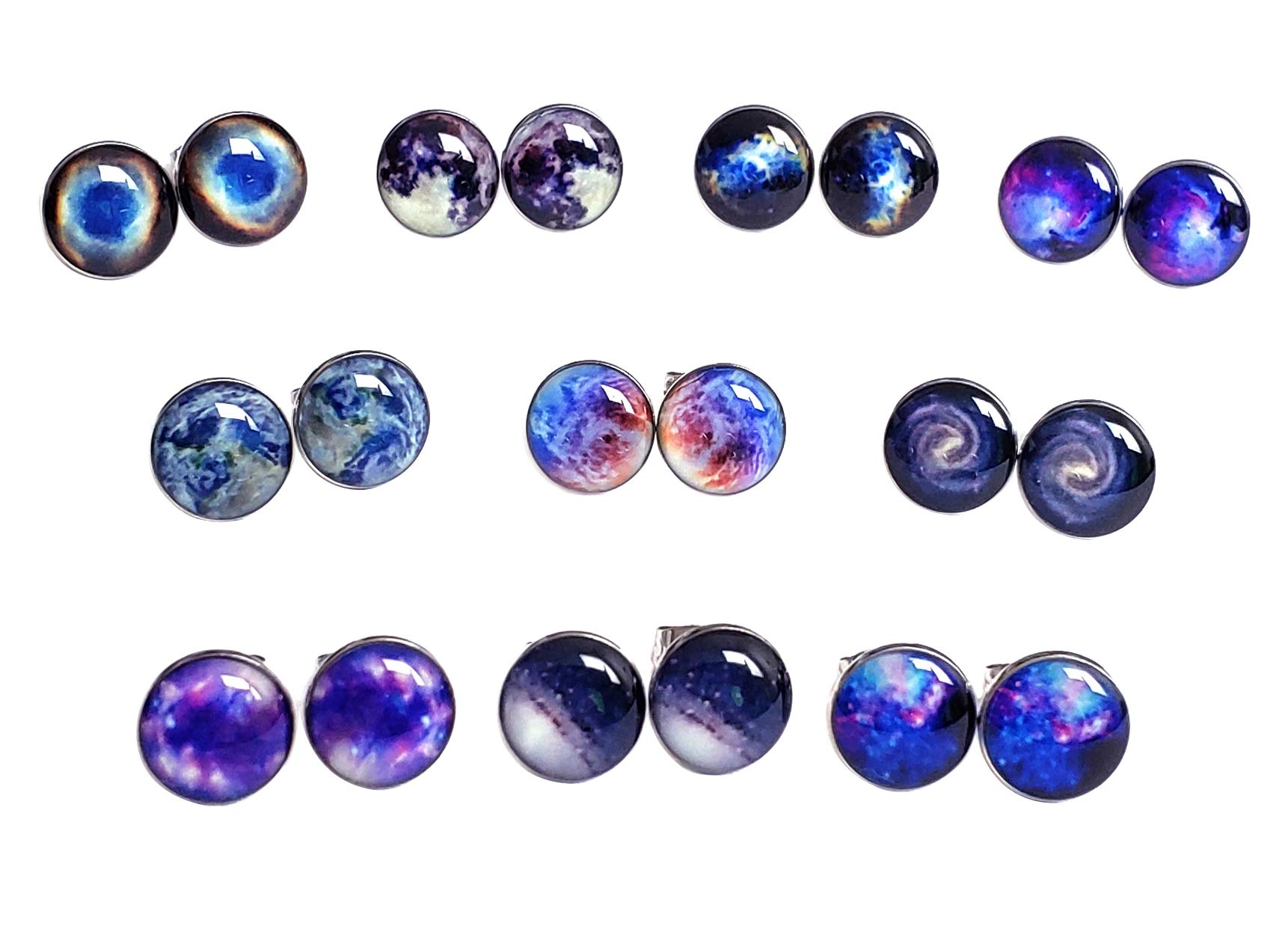 LilMents 10 Pairs Unisex Galaxy Universe Astronomy World Stainless Steel Stud Earrings (Best Sellers)