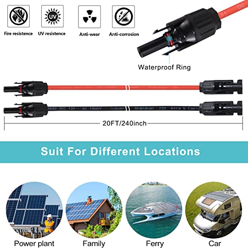 Solar Panel Extension Cable 20FT - 20Feet 10AWG(6mm²) Solar Extension Cable Wire with Female and Male Connector,10Gauge 20FT Black & 20FT Red Solar Panel Wiring for RV Solar Panels, Home, Boat