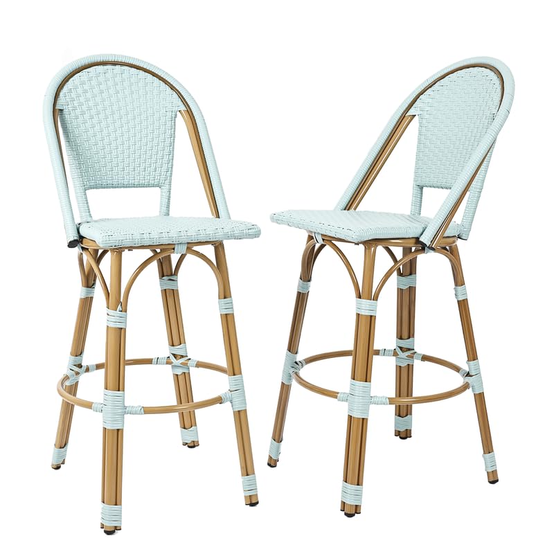 YOEEMZ Outdoor Bar Stools Set of 2 | 30 Inch Bar Height Rattan Patio Barstools with Back | Sturdy Aluminum Frame & Bamboo Finish | French Metal Chair, Powder Blue