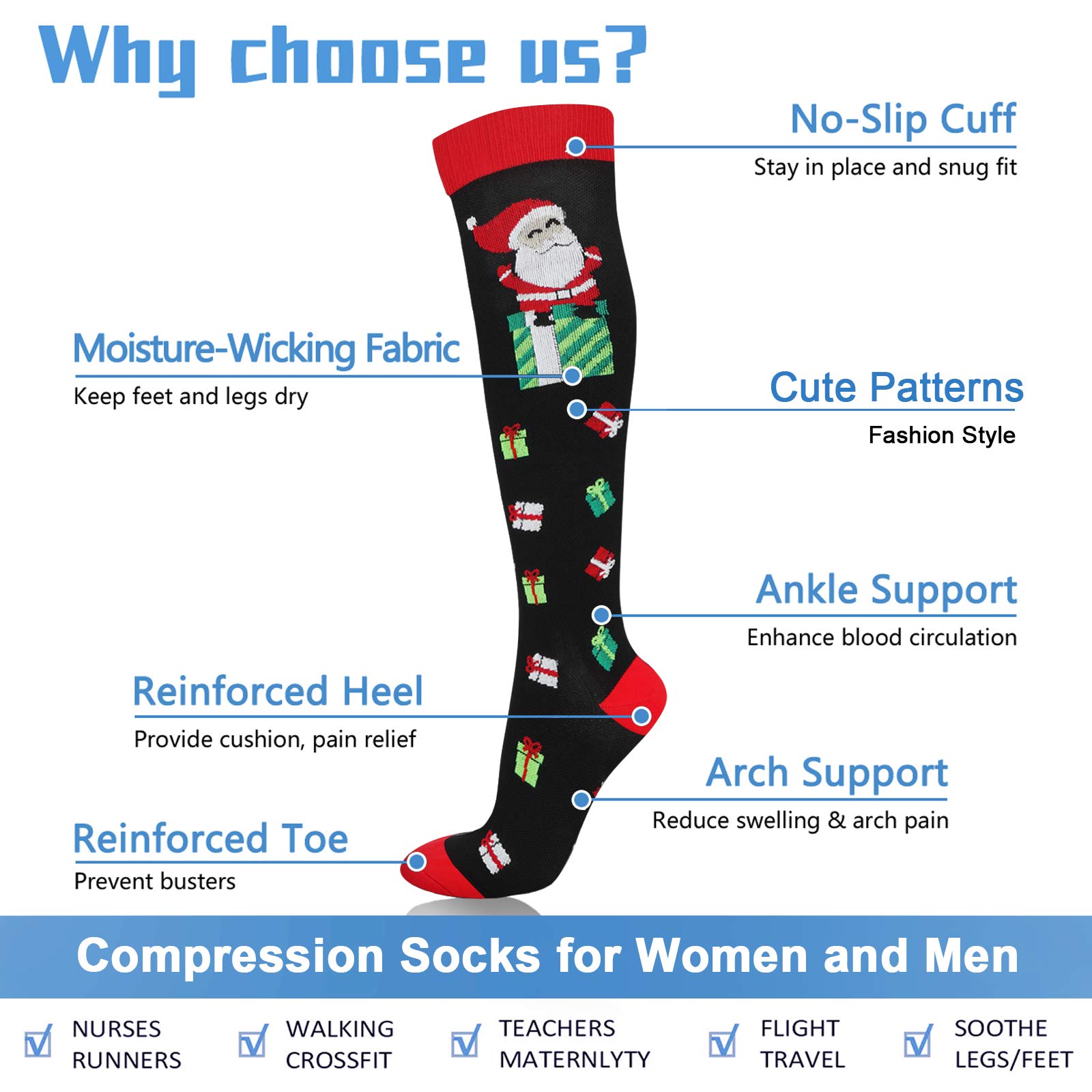 LighSele 6 Pair Compression Socks for Women & Men, Knee High Compression Socks 20-30 mmHg for Nurses, Travel, Pregnancy, Christmas(S/M)