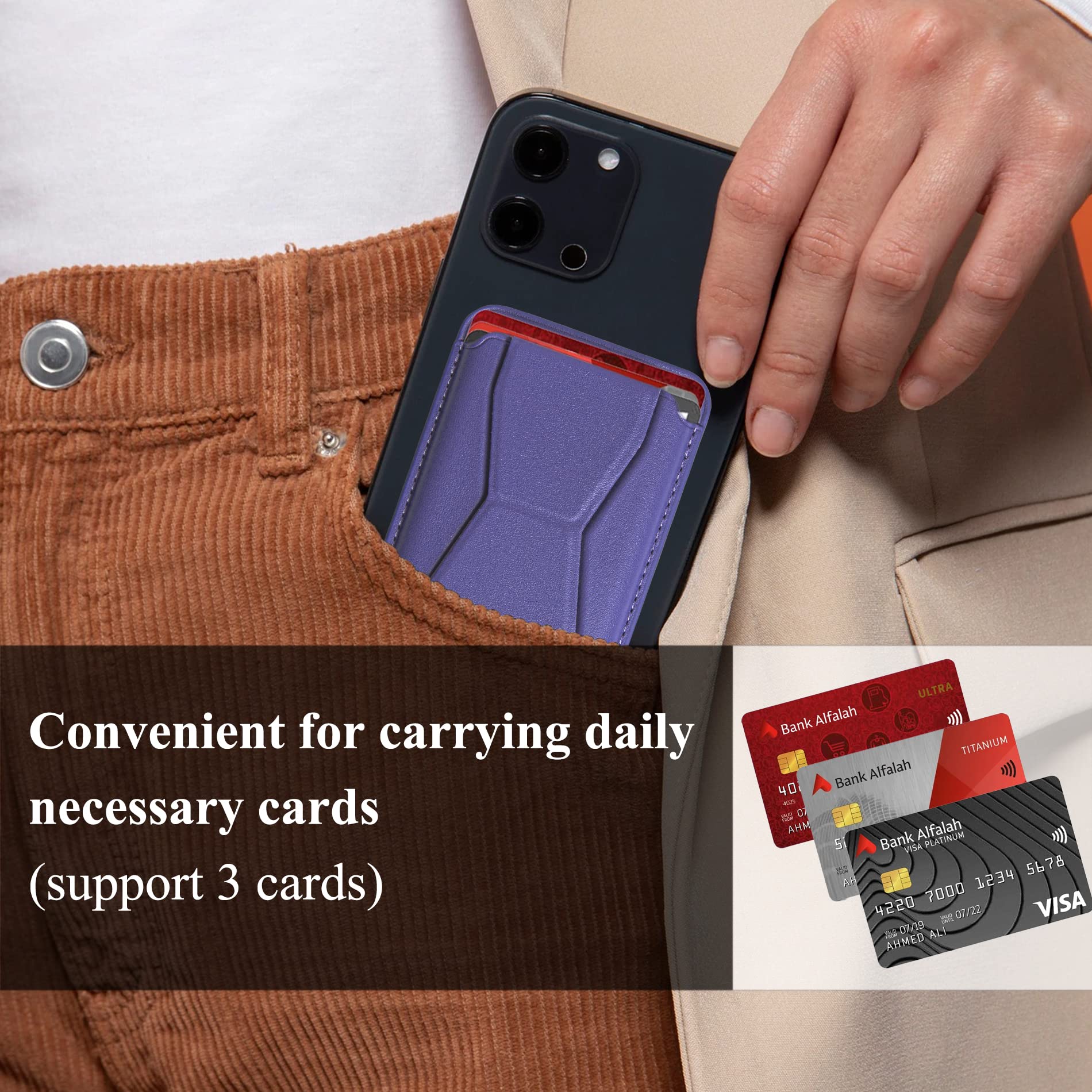 Magnetic Card Wallet Holder for Apple Magsafe, Compatible with MagSafe Leather Wallet for iPhone 14/13/12 Pro|Pro MAX Series, Upgraded Version Strong Magnetic Phone Case with Kickstand (Purple)