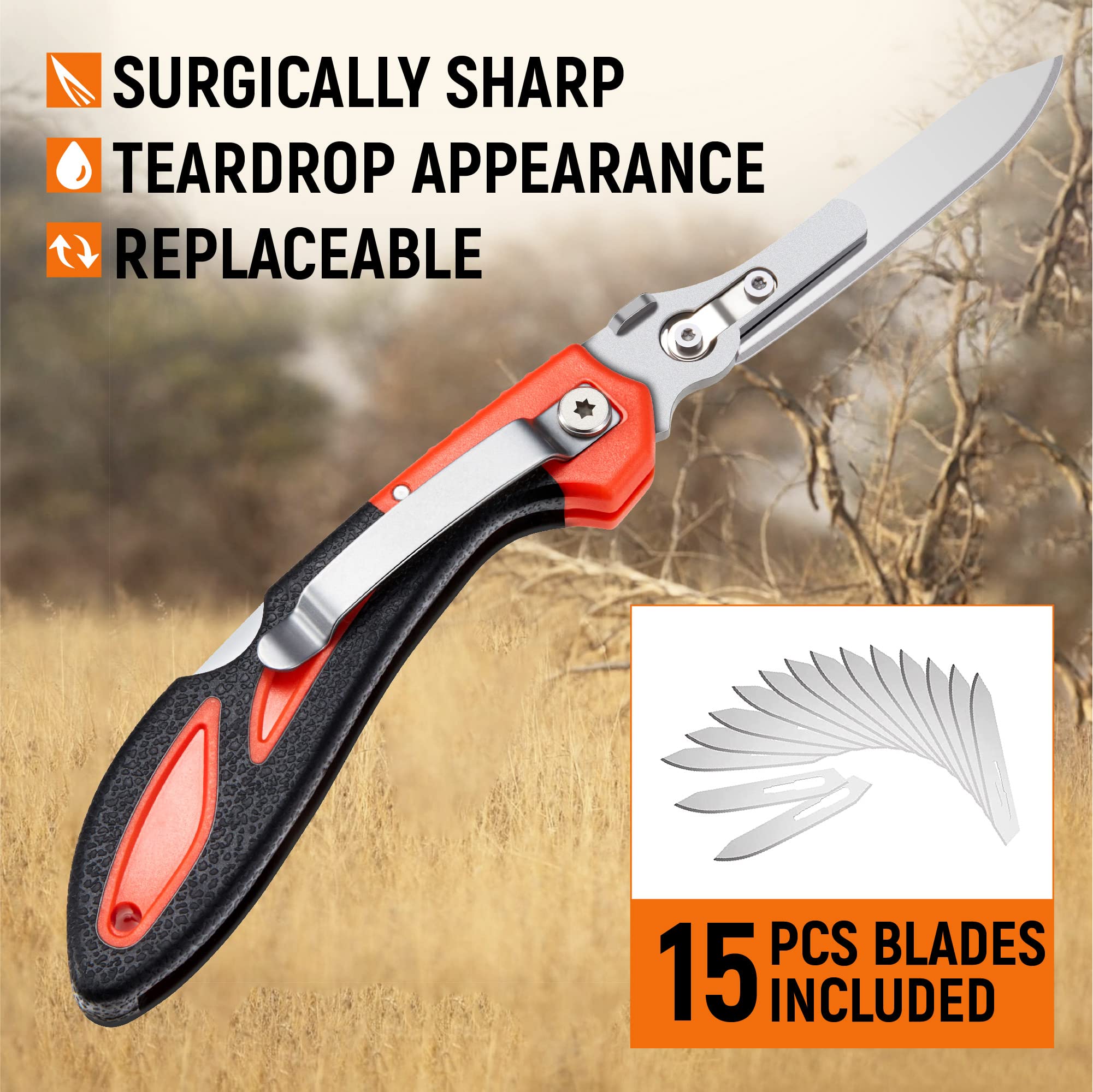Lancergear Hunting Knife Skinning Knife Pocket Foldable with 15 Extra Replaceable Sharp Blades, Safe and Fast Disassembly in 1 Second with Single Hand for Outdoor Hunting Survival Camping