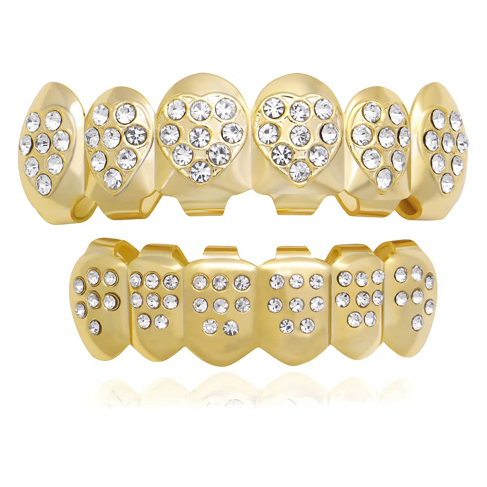 LuReen 14K Gold Heart Diamond Grillz for Men Women Top and Bottom Teeth Grillz +2 Extra Molding Bars