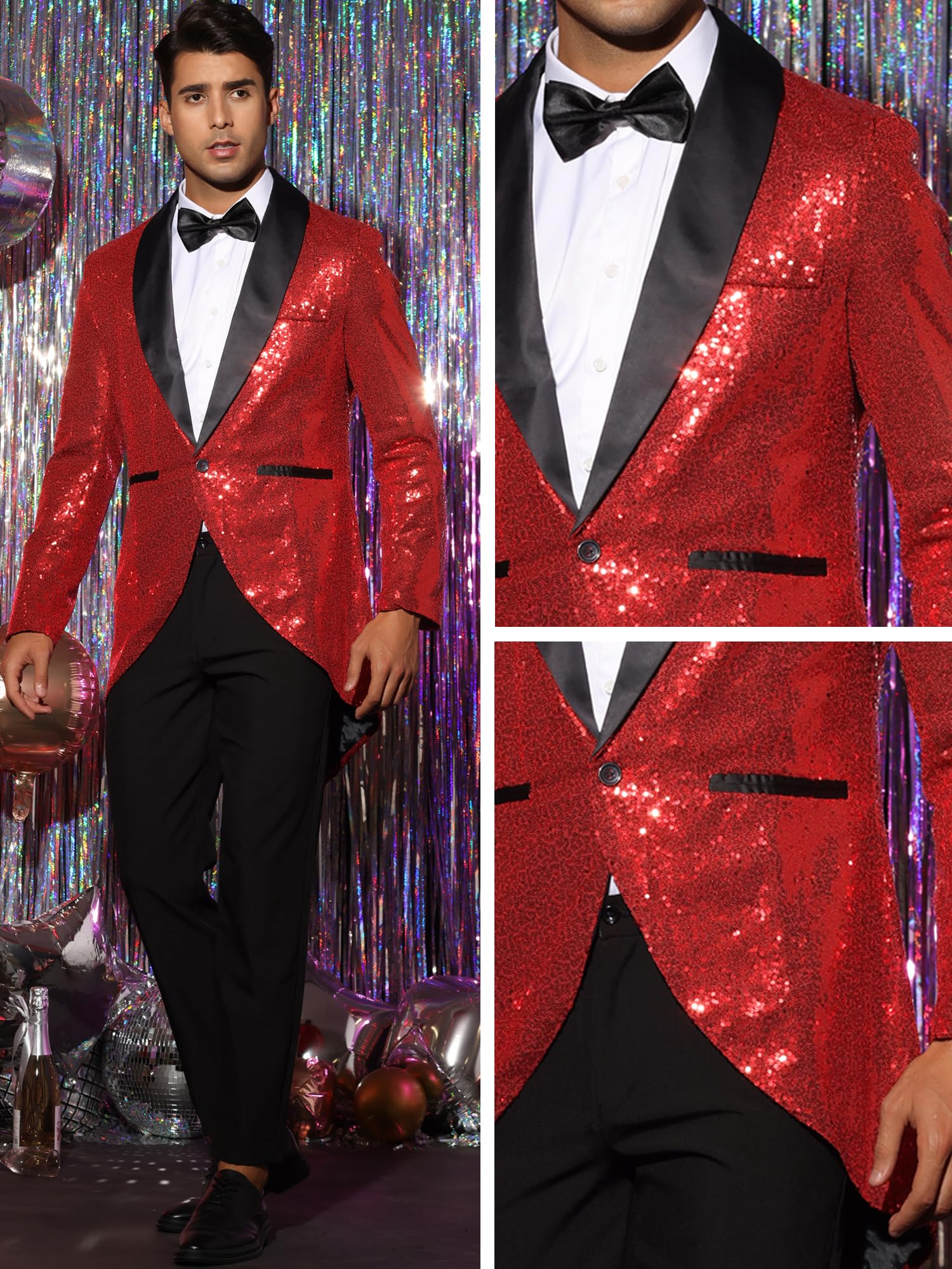 Lars Amadeus Red Sequin Tailcoat for Men's Shawl Lapel Shiny Sparkly Party Disco Wedding Tuxedo 3X-Large