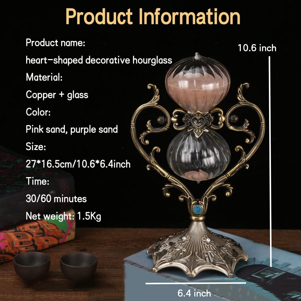 RUNLAIKEJI Hourglass Timer 30/60 Minutes,Heart-Shaped Sand Timer Rotating Hourglass, 10.6 inch Metal Giant Hourglass, Decorative Hourglass, Suitable for Kitchen Office Desk Bedroom(Pink/Purple)
