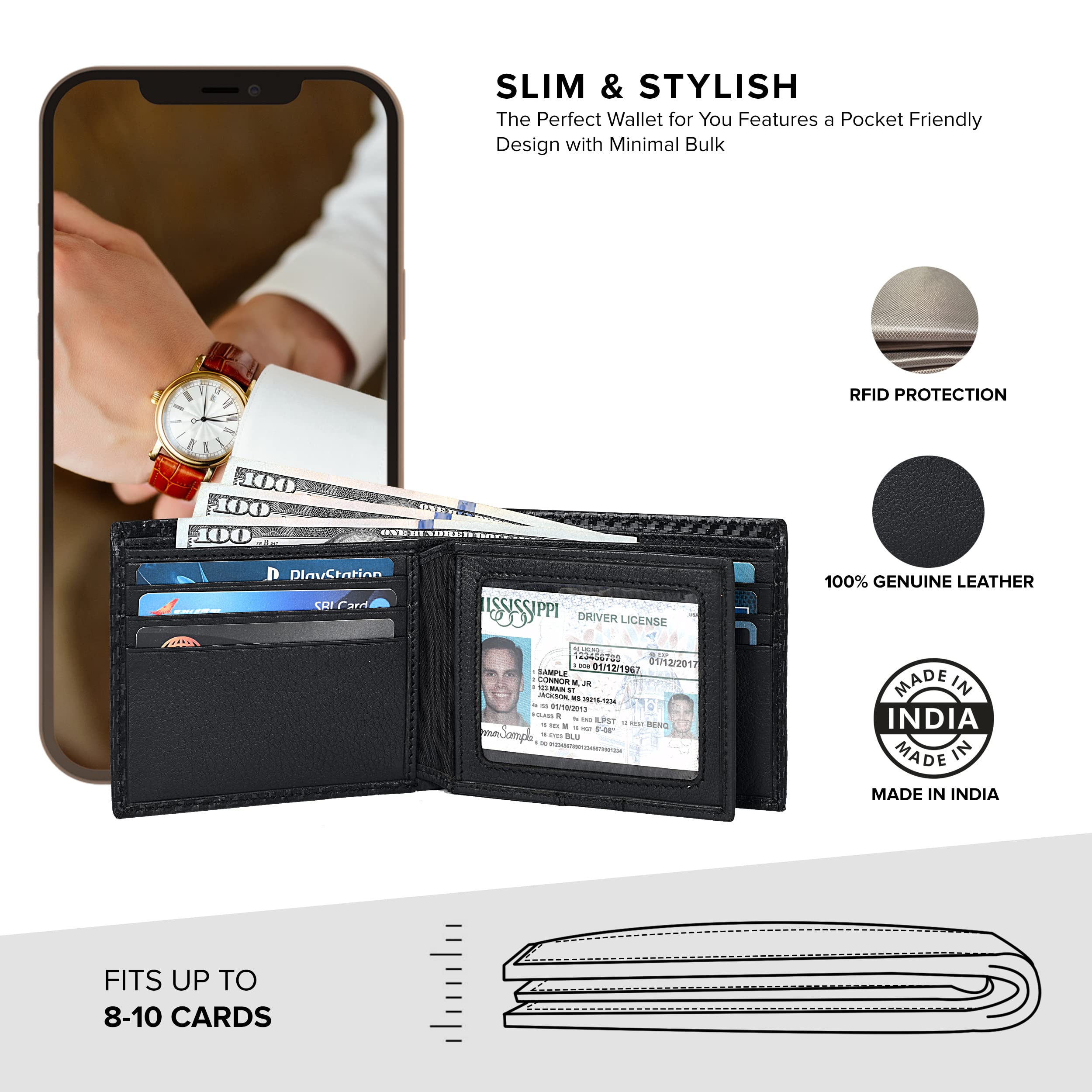 Real Leather Bifold Wallet for Men - Billfold Wallets with Credit Cards 1 ID Window Slim Minimalist Front Pocket (Pitch.)