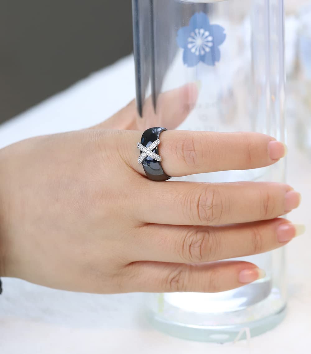 MYNENEY 6mm White/Black Ceramic Rings Plus Cubic Zirconia For Women Comfort Fit Engagement Wedding Band Size 5-12