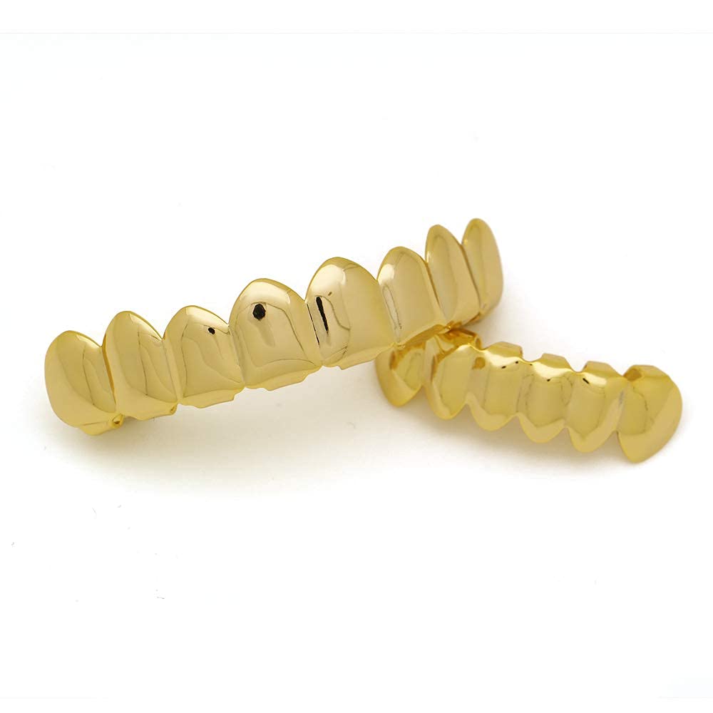 LuReen Shiny 14k Gold Silver Grillz 8 Teeth Top and 6 Bottom Set Mouth Grillz + Extra 2 Molding Bars