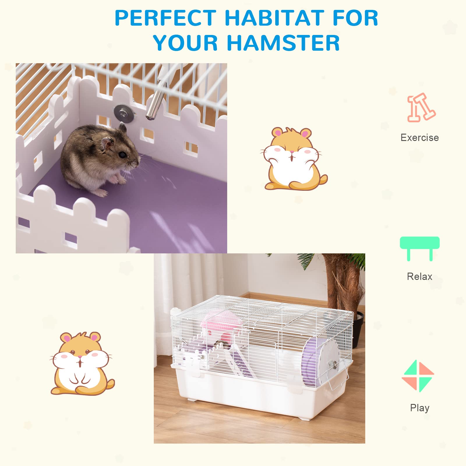 PawHut 2 Tier Hamster Cage Gerbil Rodent House Small Animal Habitat with Water Bottle, Exercise Wheel, Ladder, Hut, White