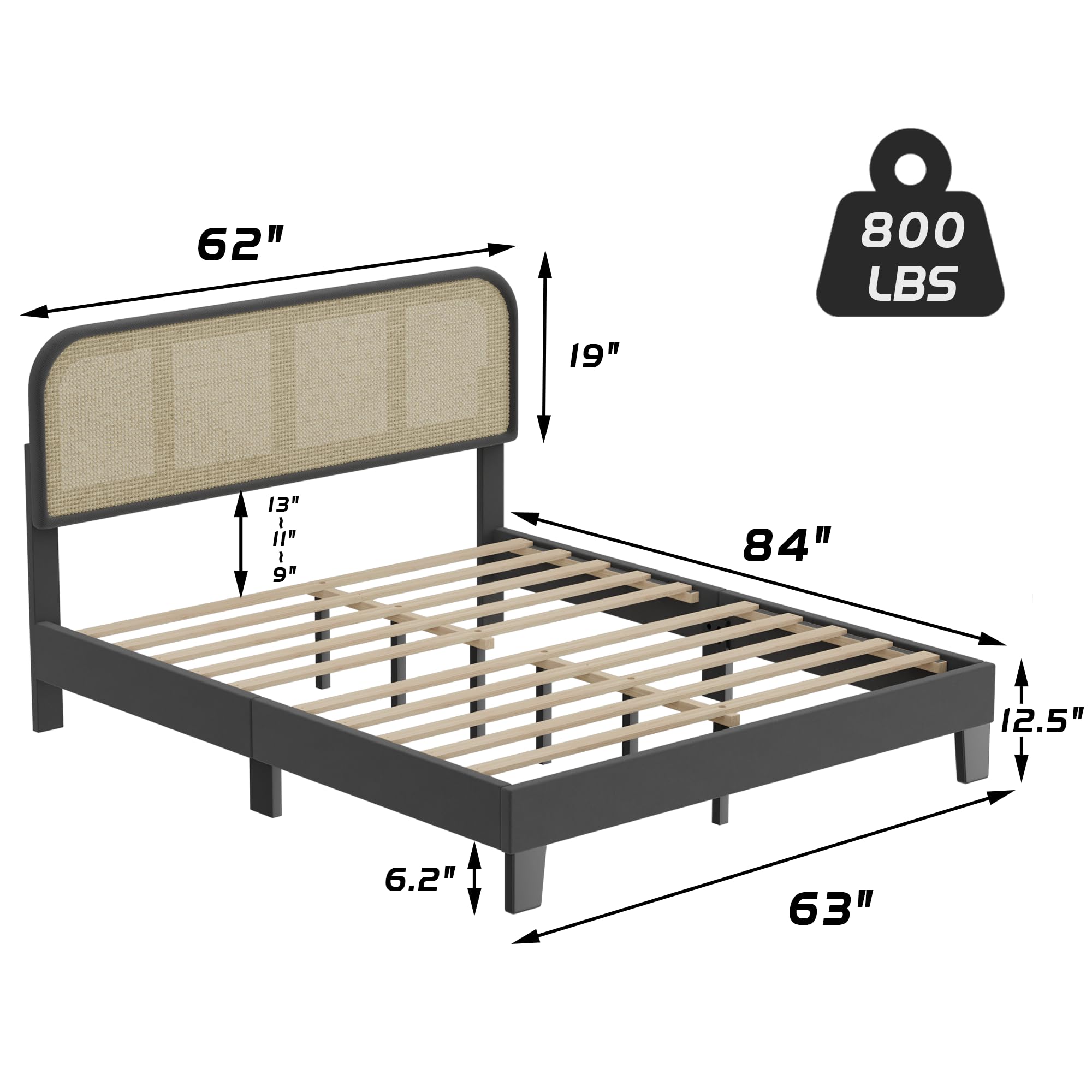 Lifezone Queen Bed Frame with Adjustable Rattan Headboard, Queen Size Bed Frame with Wood Slats Support, Safe Rounded Corner Design, Linen Fabric, High Feet, No Box Spring Needed, Dark Grey