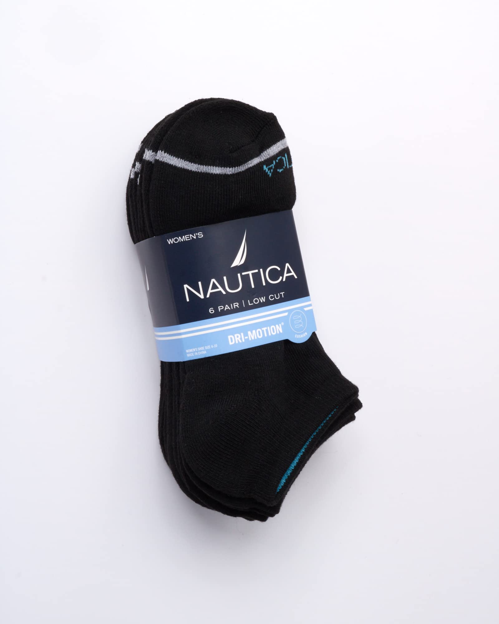 Nautica Women's Low Cut Cushioned Moisture Control Athletic Socks (6 Pack), Size Shoe Size 4-10, Black Multi